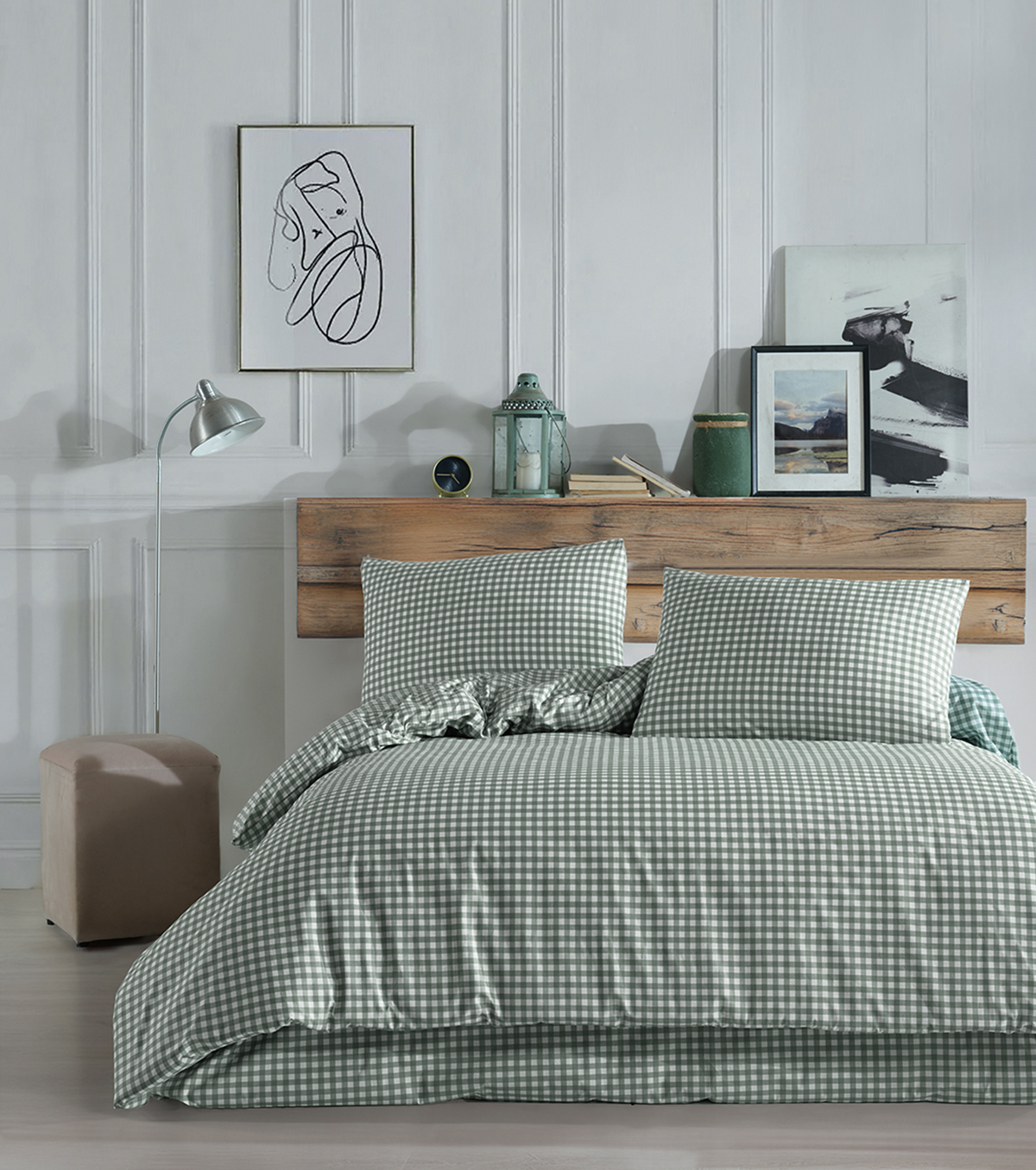 Housse de couette + taie(s) oreiller "Vichy vert" 100% coton | Greenweez