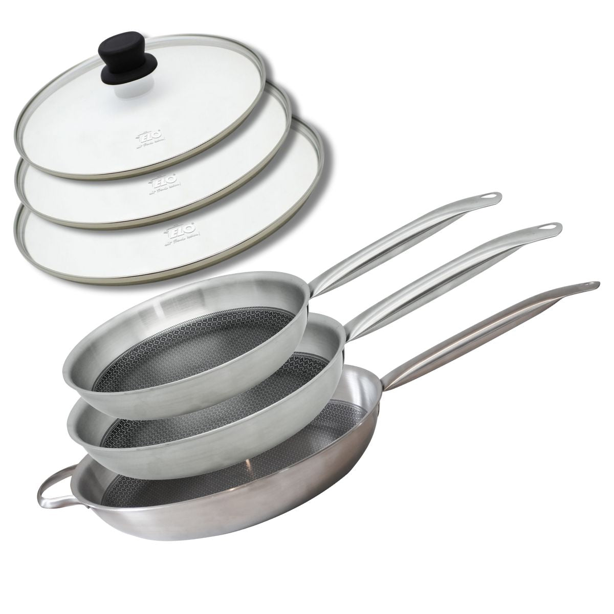 Lot de 3 poêles 24, 28 et 32 cm et couvercles sans PFAS Elo | Greenweez