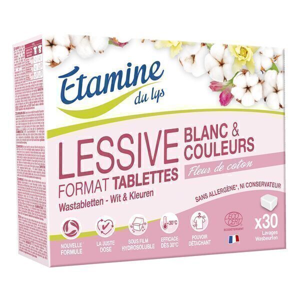 Lessive tablettes blanc et couleurs fleur de coton x30 | Greenweez