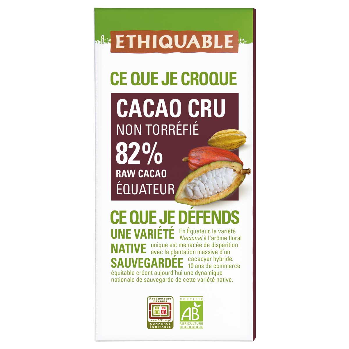 Tablette de cacao cru non torréfié 82% bio 80g | Greenweez