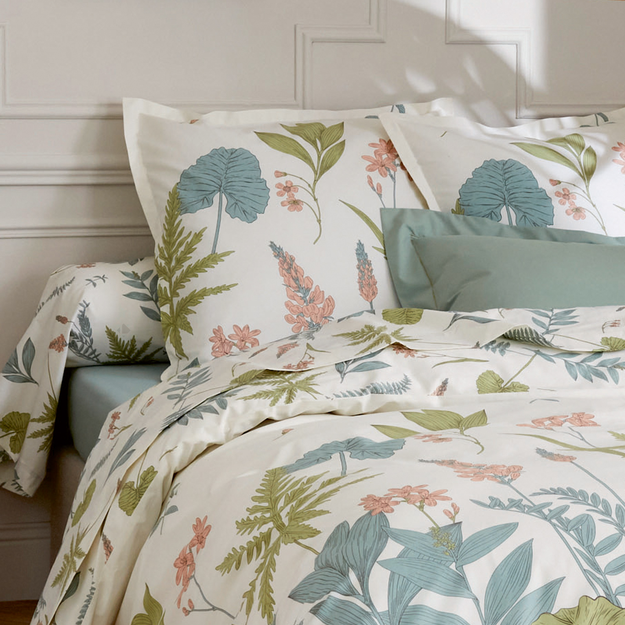 Taie d'oreiller 65x65 cm percale coton FÉÉRIE Blanc sauge | Greenweez
