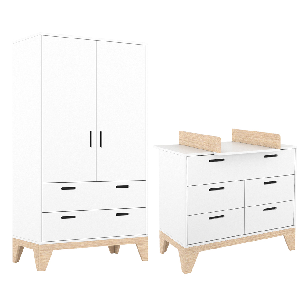 Commode avec plan à langer et armoire Mia - Blanc et Bois | Greenweez