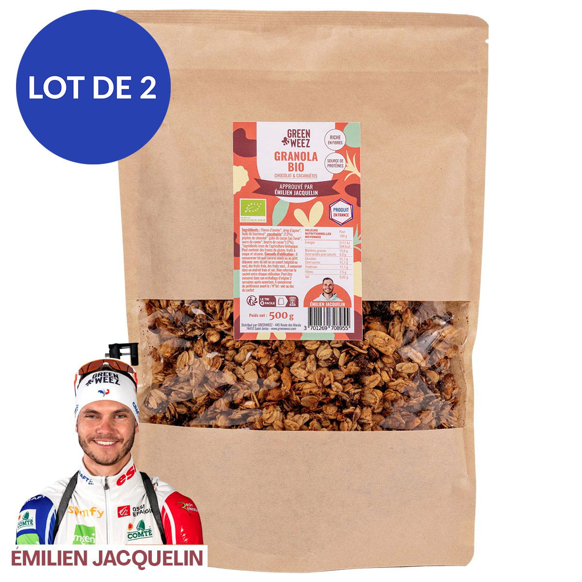 Granola choco cacahuètes bio x Emilien Jacquelin - 2 x 500g | Greenweez