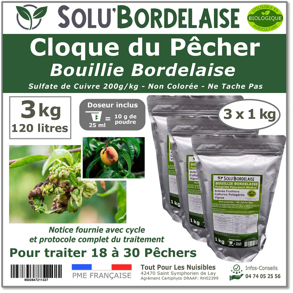 Solu'Bordelaise - Cloque du Pêcher - 3 kg de Bouillie Bordelaise ...