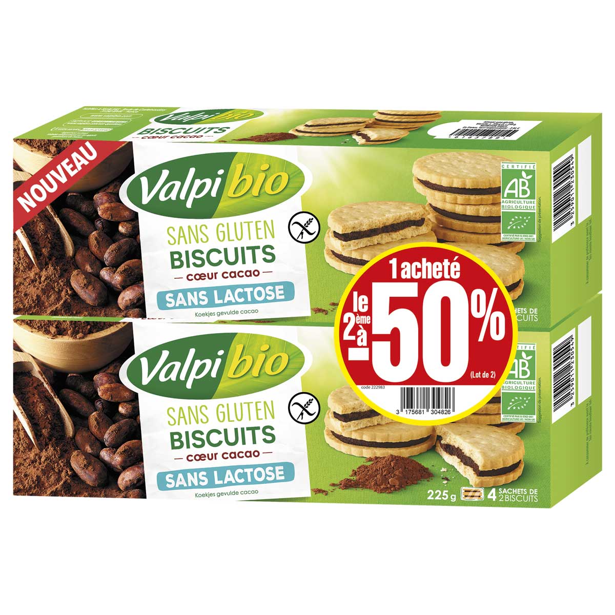 Lot x2 biscuits fourrés cacao sans gluten bio 2x225g | Greenweez