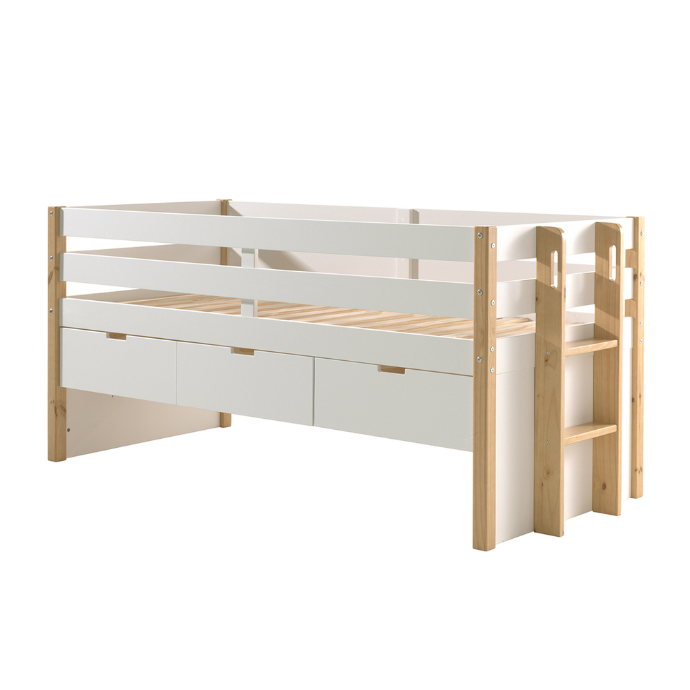 Lit mi-hauteur 90x200 sommier inclus Margrit - Blanc et Bois | Greenweez