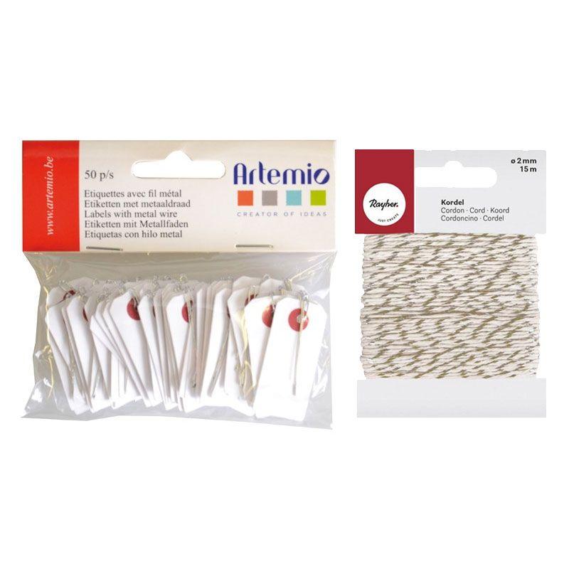 Mini étiquettes blanches 4 cm avec fil métal et ficelle dorée | Greenweez