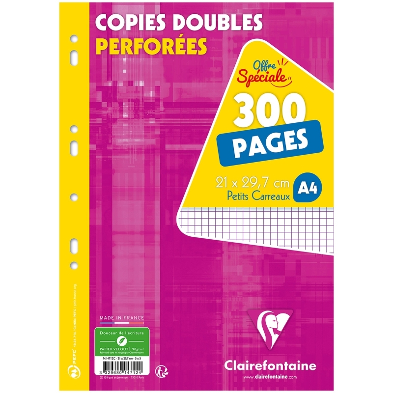Copies doubles perforées A4 - Petits carreaux - 300 pages | Greenweez