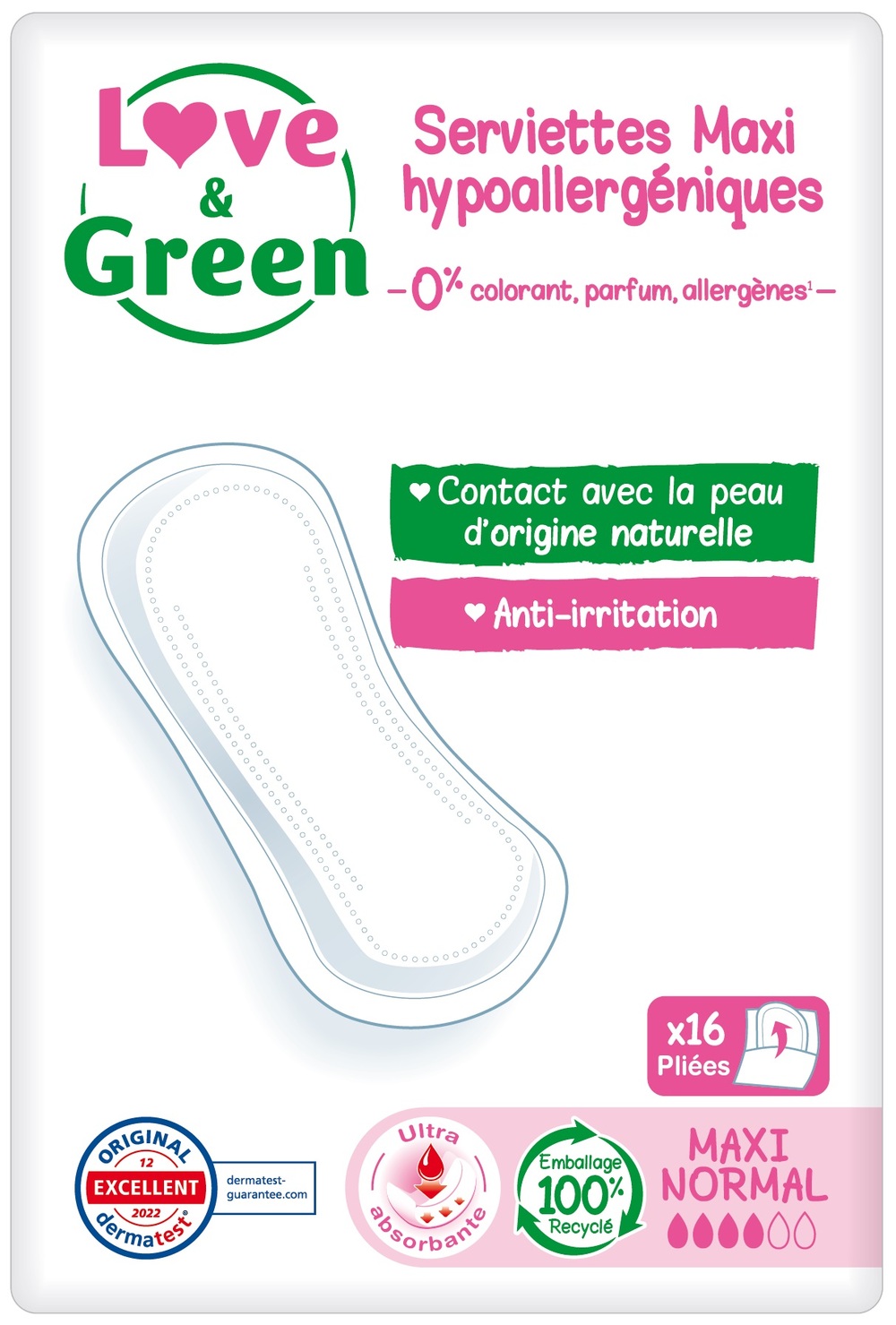 Serviettes hypoallergéniques maxi normal x16, sans ailettes | Greenweez