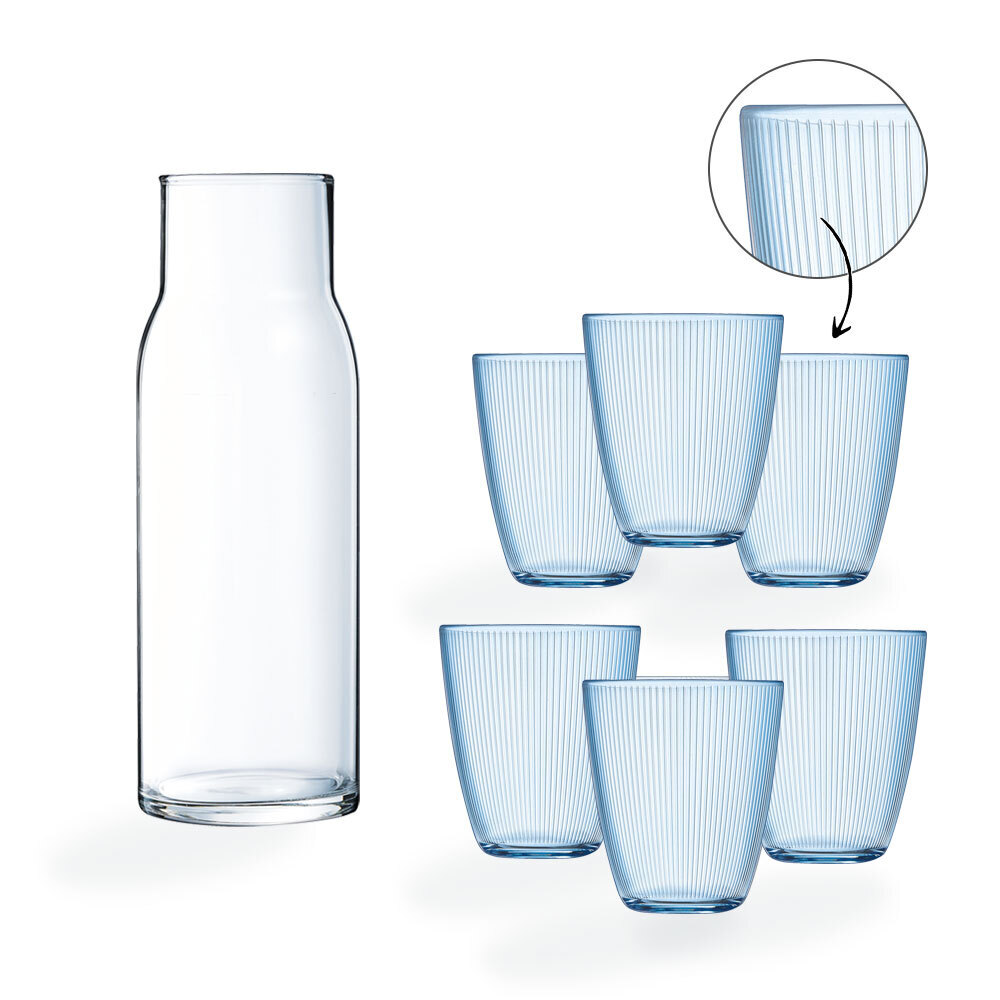 Carafe Funambule et 6 verres Stripy bleu 31cl | Greenweez