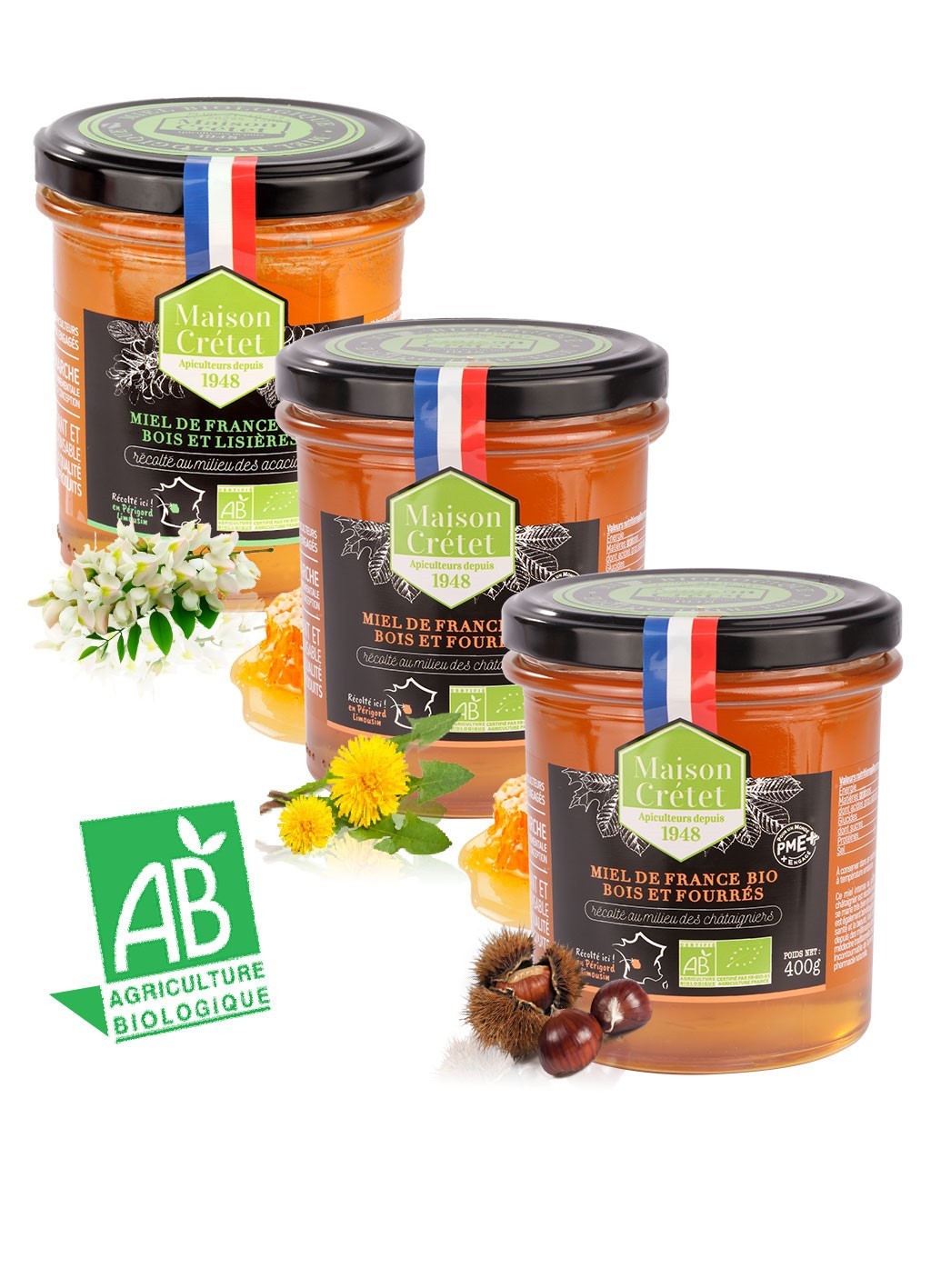 Assortiment de 3 x 400gr Miels Bio de France | Greenweez