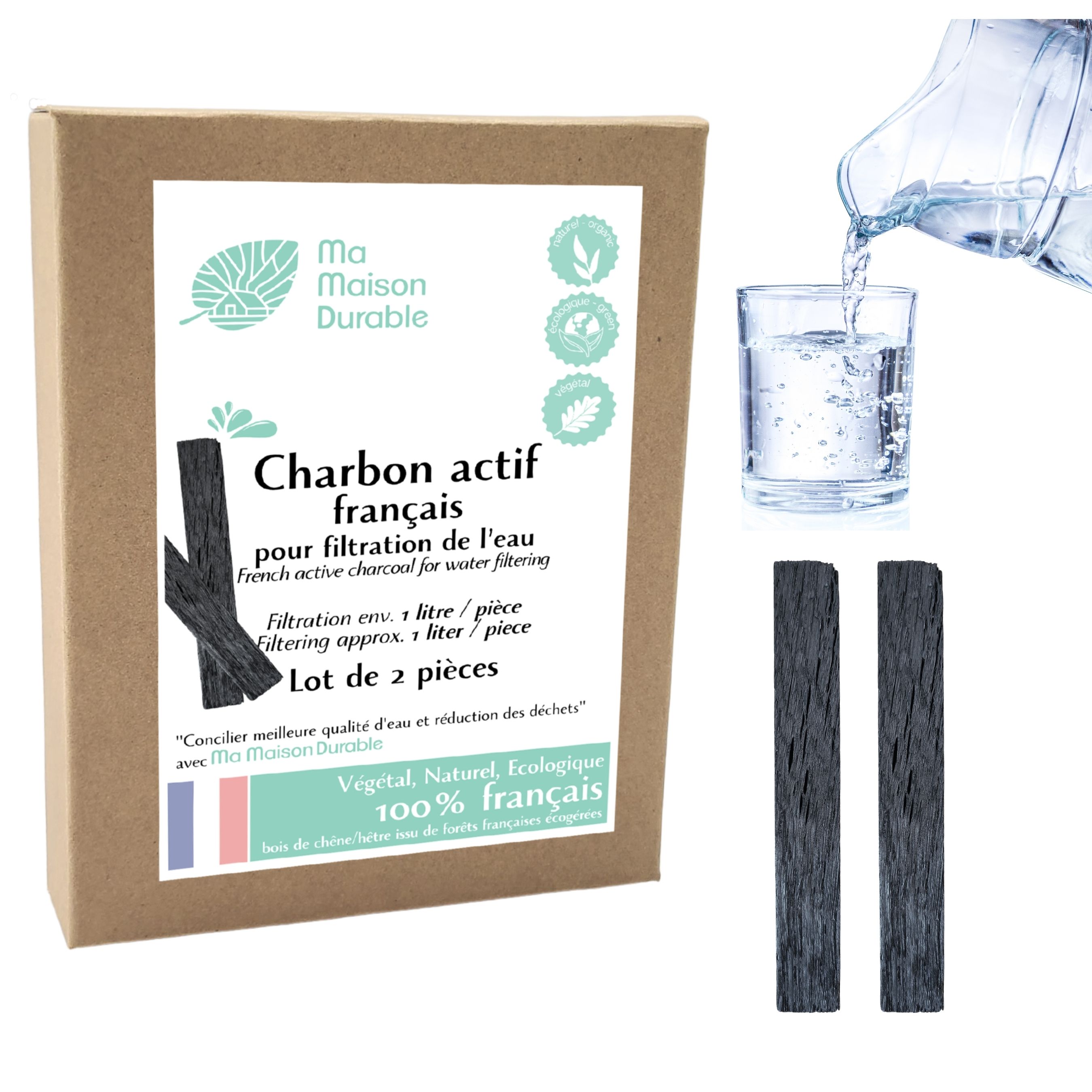 Lot de 2 bâtons de charbon actif français | Filtration 1L/bâton | Greenweez