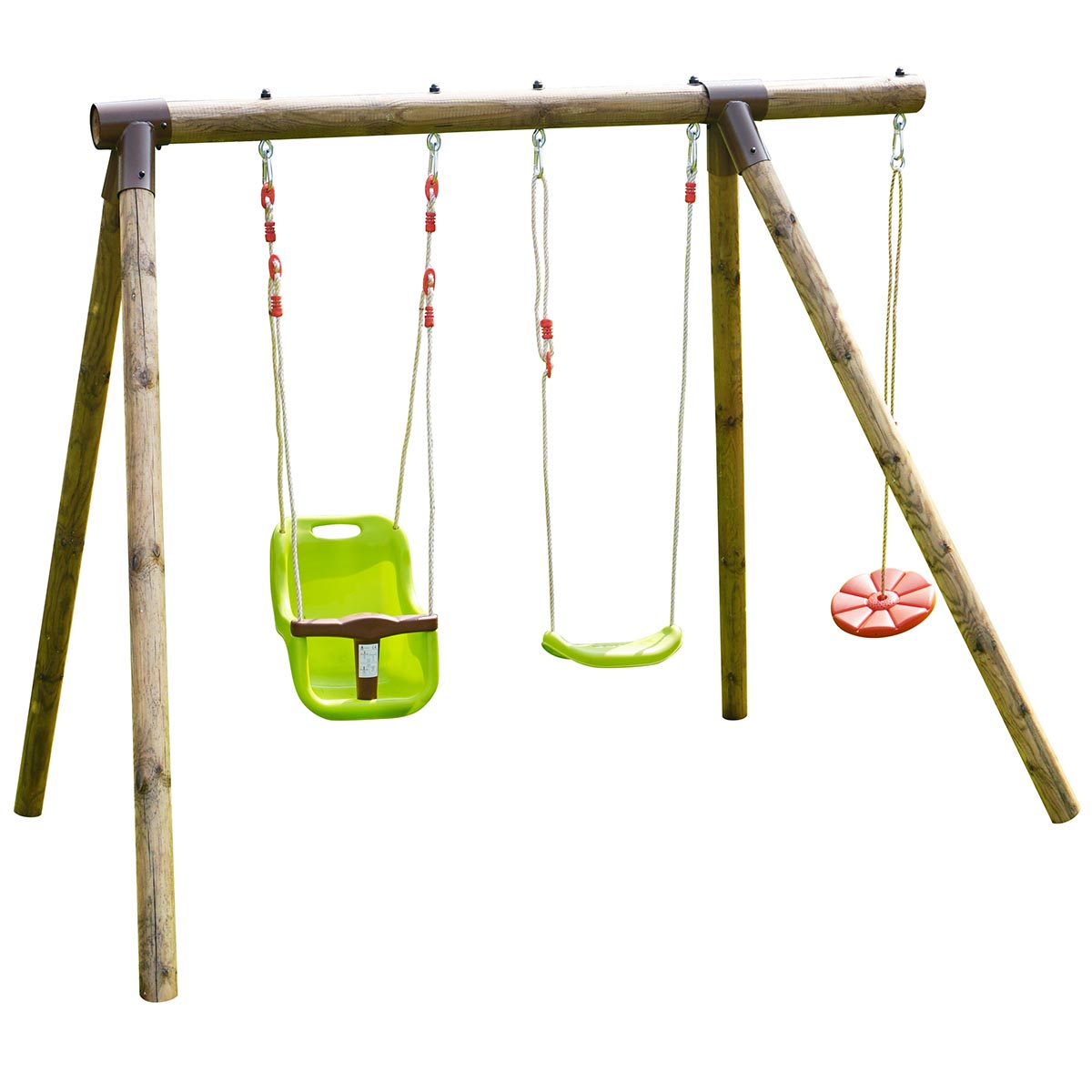 Portique en bois rond 3 agrès avec balançoire bébé et corde | Greenweez