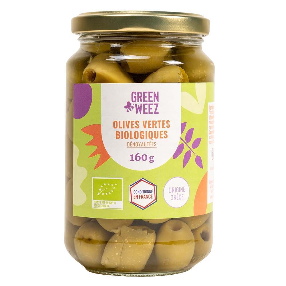 Olives vertes dénoyautées au naturel Bio de Grèce 160g | Greenweez