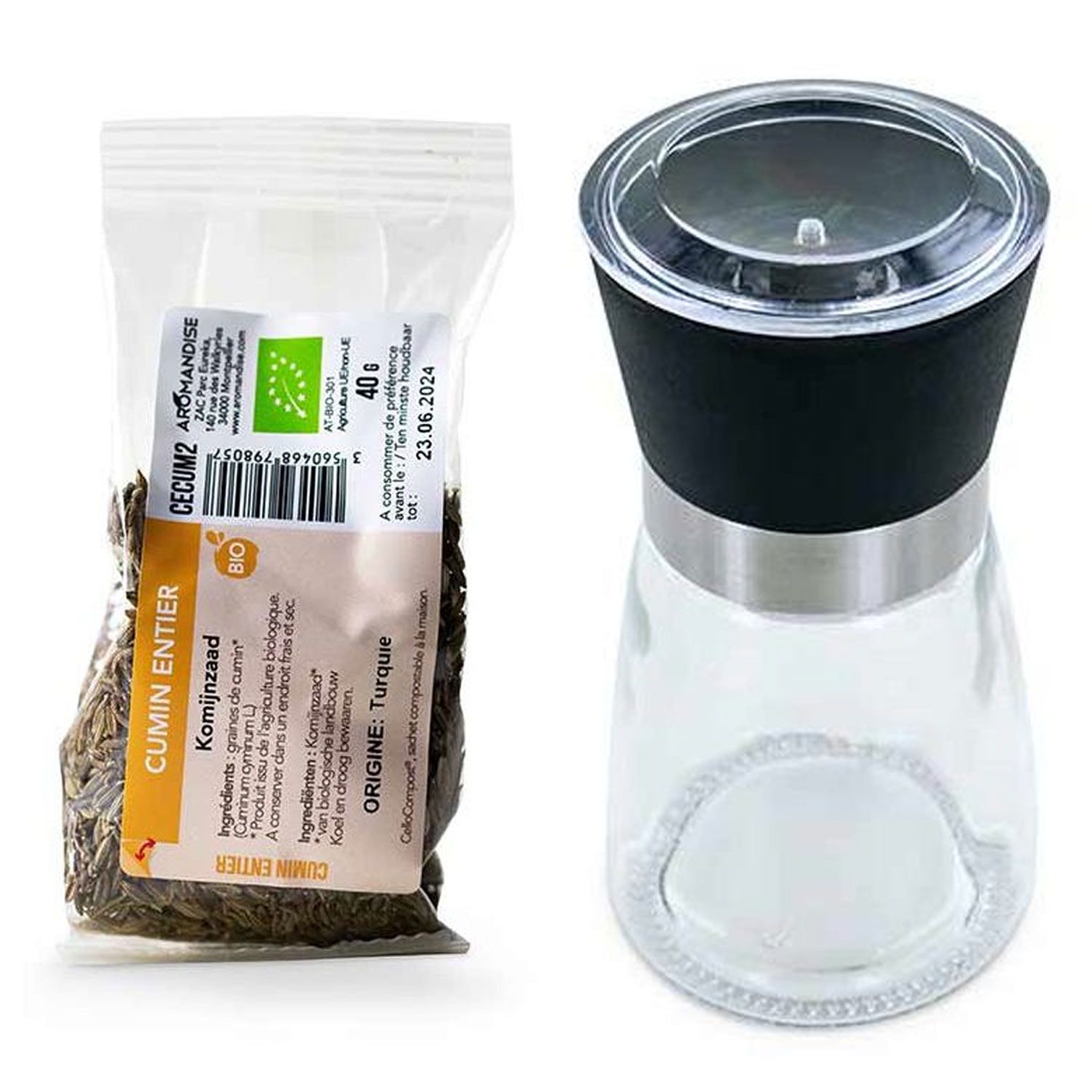 Moulin à épices en verre et céramique + cumin entier bio | Greenweez
