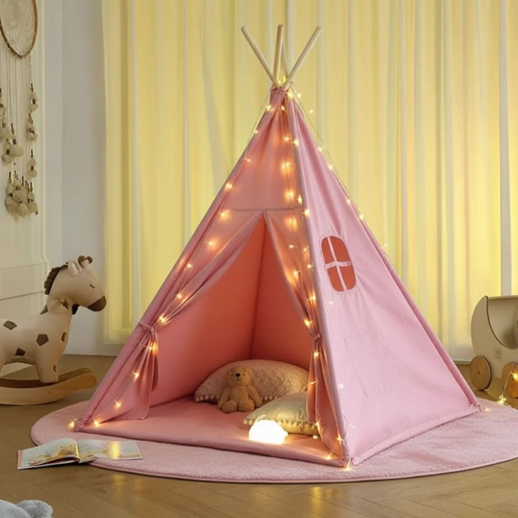 Tipi enfant avec tapis avec guirlandes rose | Greenweez
