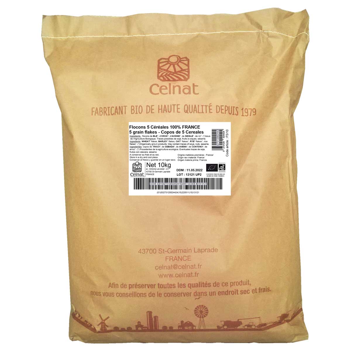 Celnat Flocons 5 céréales bio origine France 10kg | Greenweez